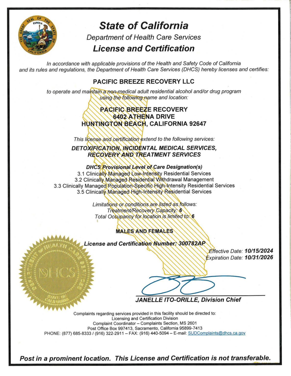 DHCS CA State License - Pacific Breeze Recovery